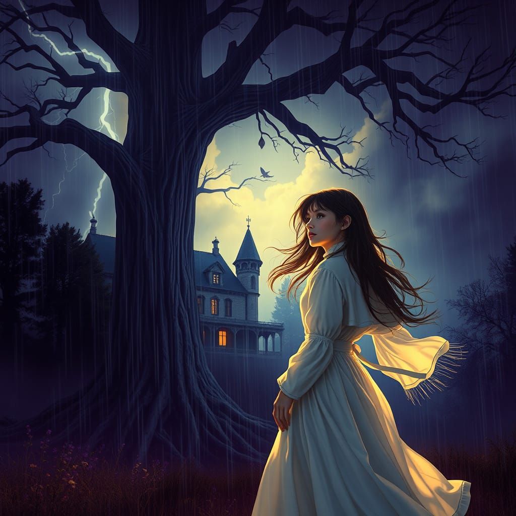 Behind the tree - Ethereal Fantasy Maiden Stands Beside Anci...