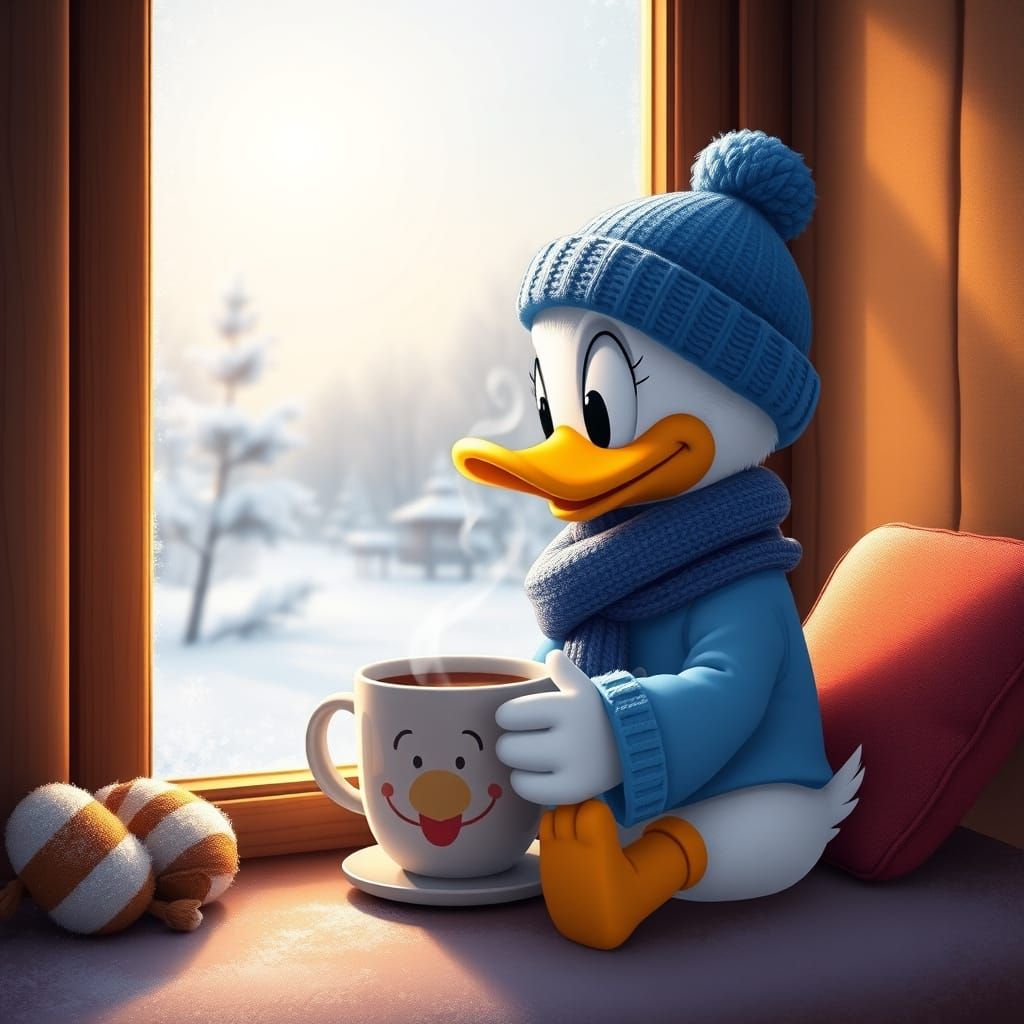 Chibi Donald Duck by Snowy Window in Cozy Room - AI Art