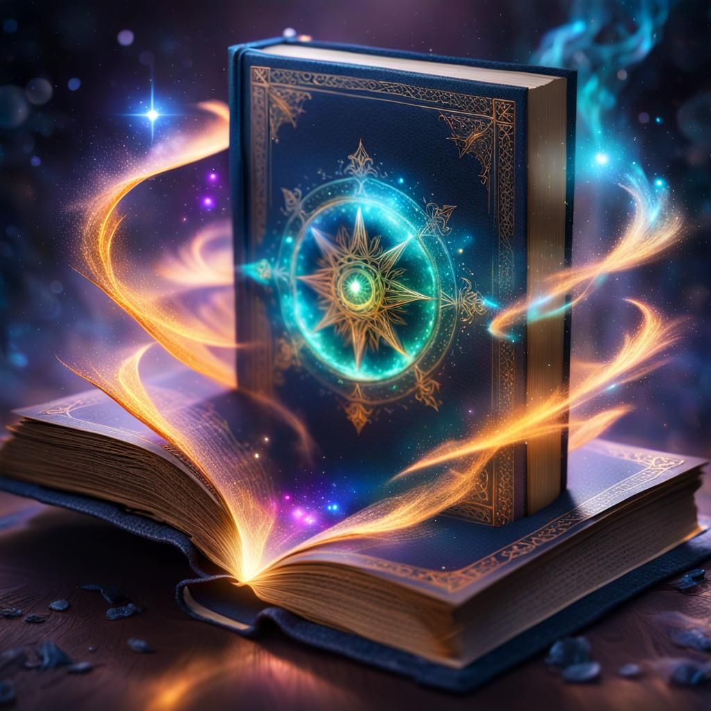 Multicoloured bioluminescent, ancient magic Grimoire open book floating in mid-air, surrounded ...