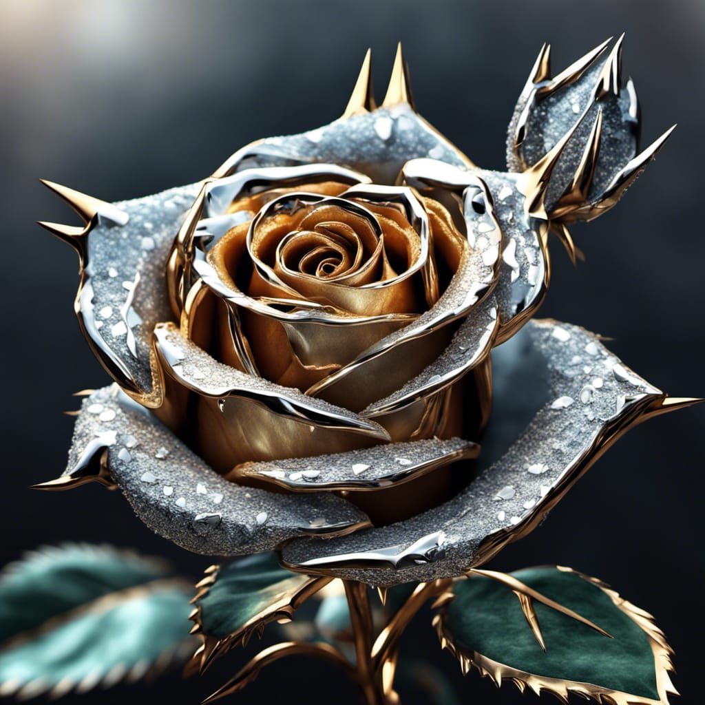 Diamond Rose with Silver leaves and gold Thorns - AI Generated Artwork ...