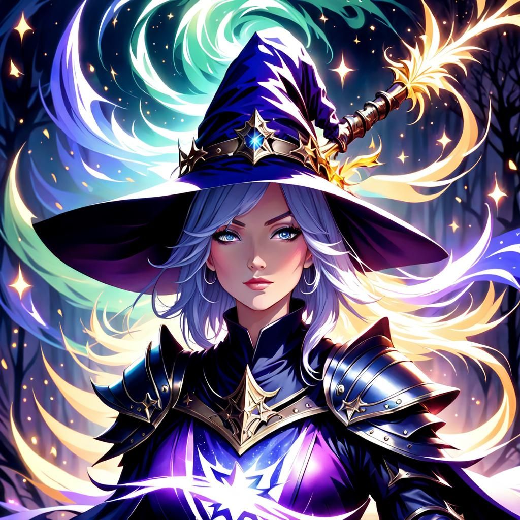 witch knight, knight wearing a witch hat, magical shimmers, witch ...