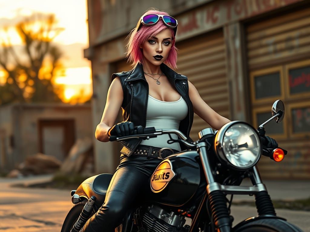 Zarana - Hyperrealistic Biker Chick in Sunset Garage
