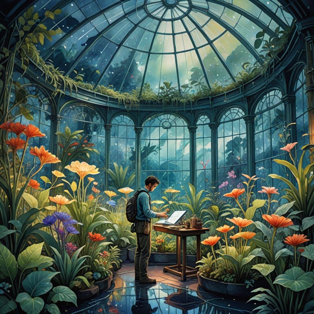 A botanist tends to glowing, bioluminescent plants inside a vast biodome.