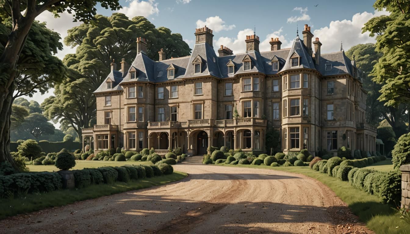 Large victorian manor house at the end of a long gravel drive bordered ...