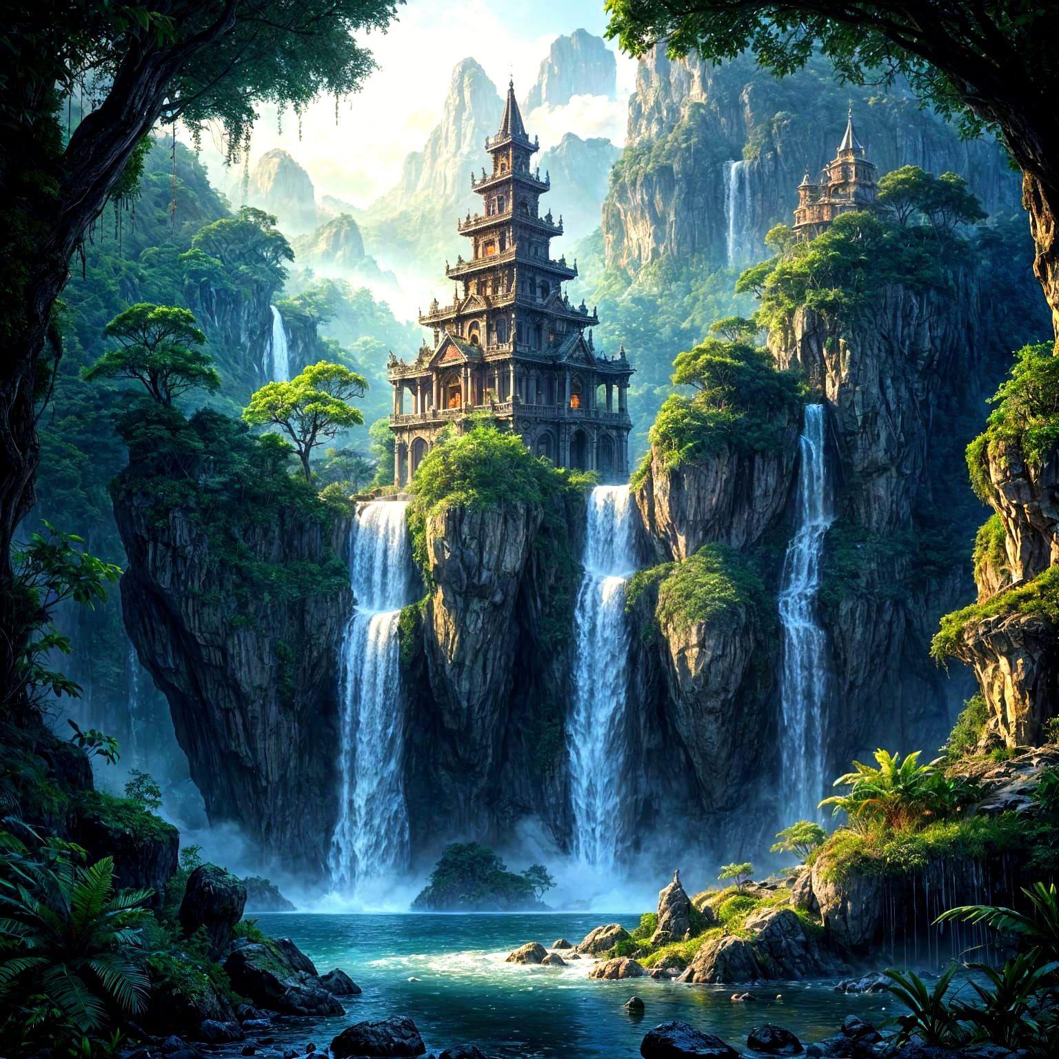 goth medieval temple on top of a waterfalls cliff tropical rain forest ...