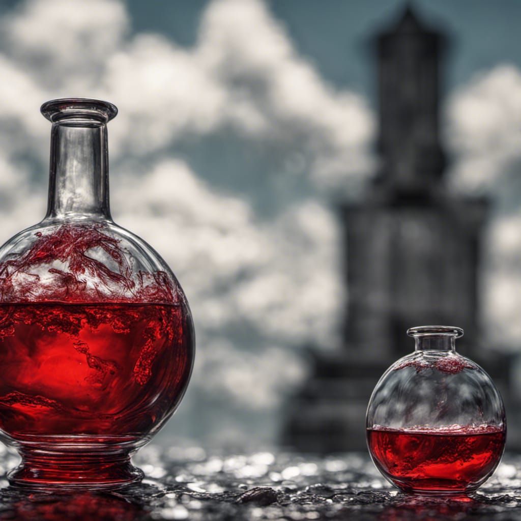 a crude glass filial with a cloudy red potion inside. intricate details, HDR, beautifully shot ...
