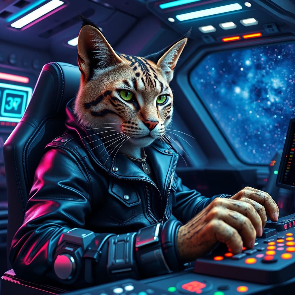 an extreme space traveling cat, battle hardened, epic, captain ...