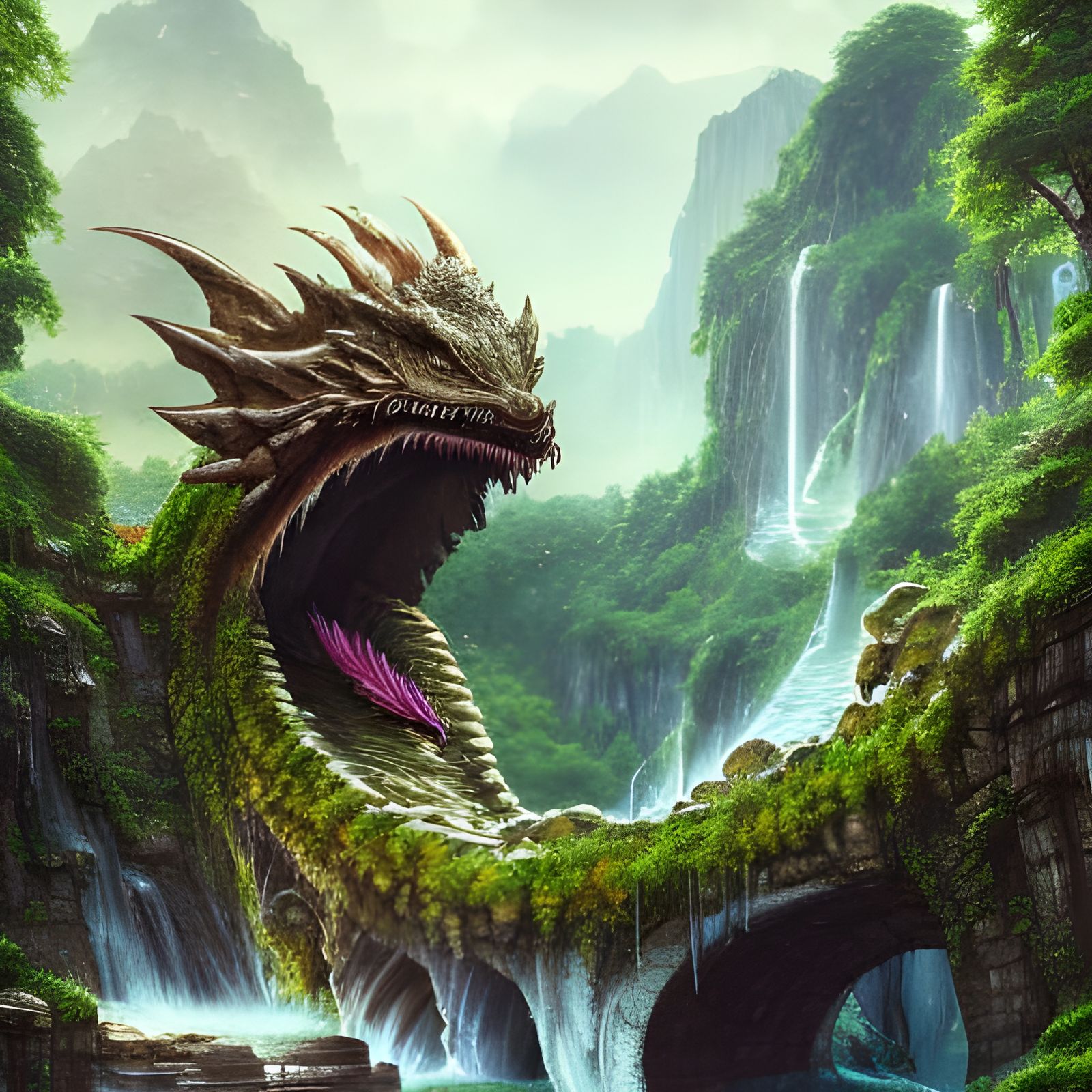 Hidden yawning dragon waterfalls - AI Generated Artwork - NightCafe Creator