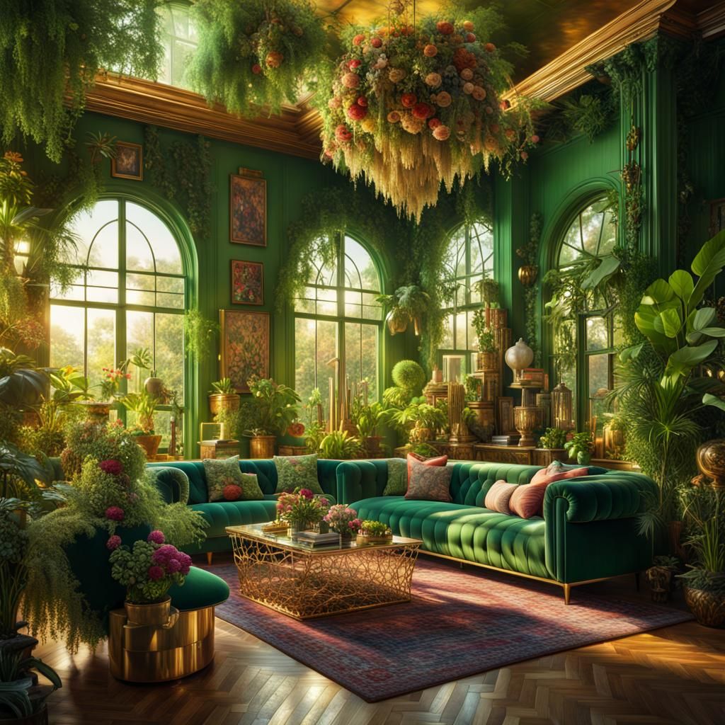 Architectural Digest photo of a maximalist green solarpunk living room ...