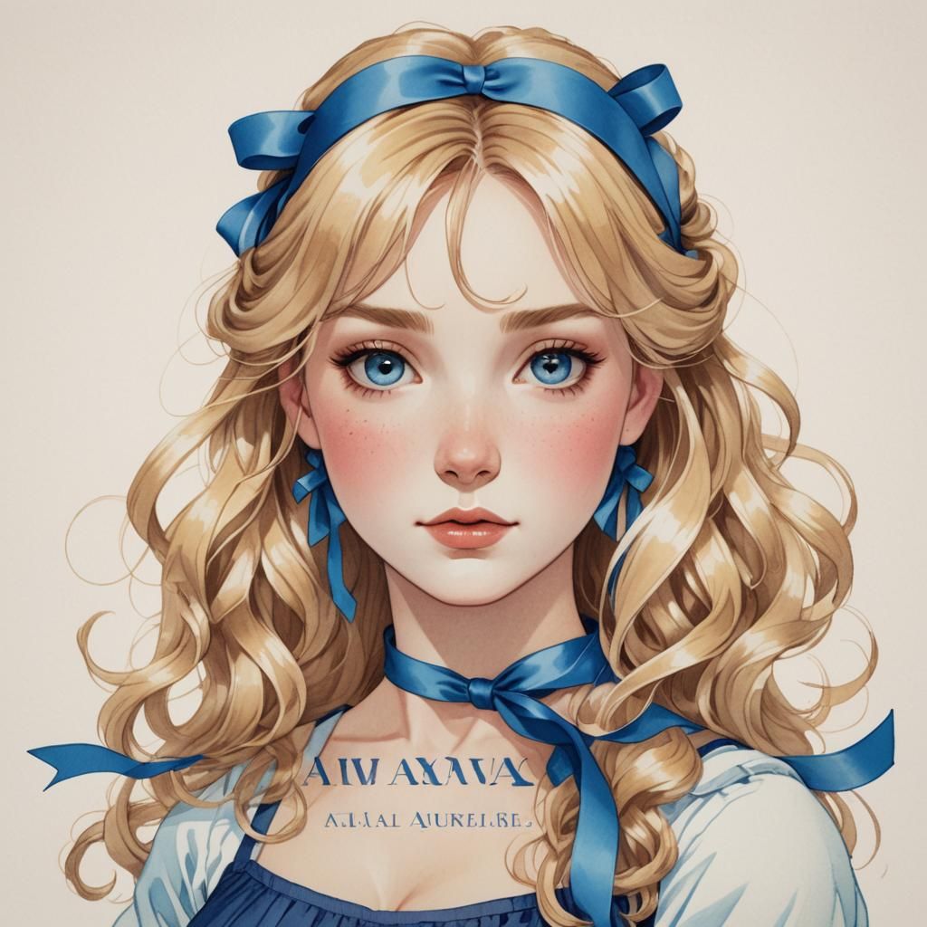 An female with wavy blonde hair tied with a blue ribbon - AI Generated ...