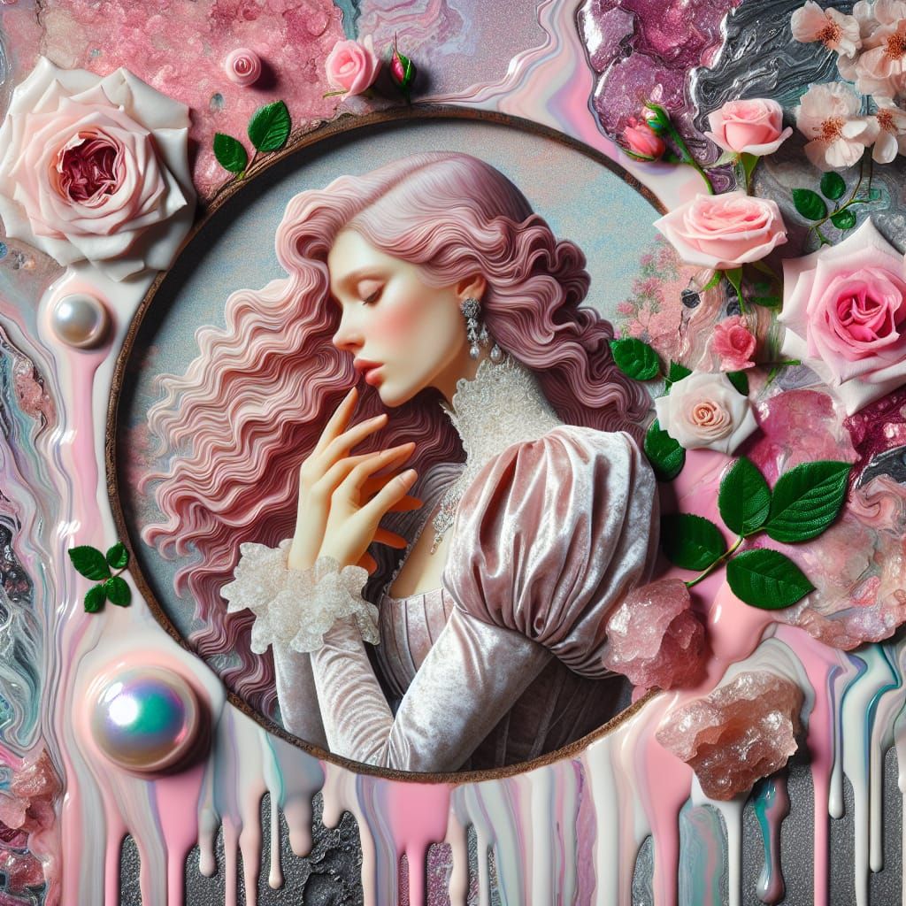 Mixed media, acrylic paint drip, paper collage, lovely lady with long ...