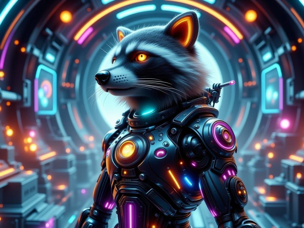 Cyborg Racoon in a futuristic sci fi world