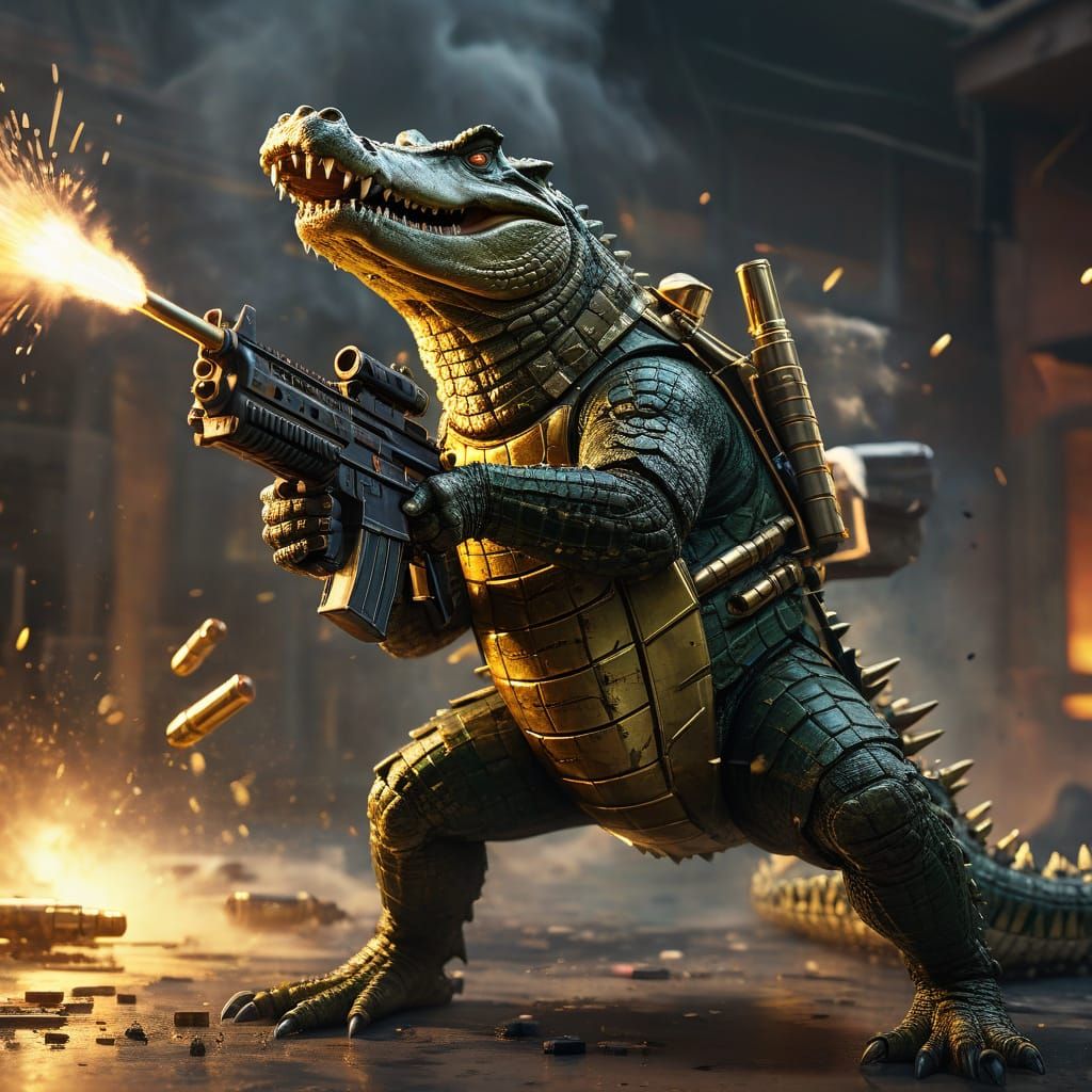 Dramatic Crocodile Wields Golden Machine Gun in Vi... - AI Art