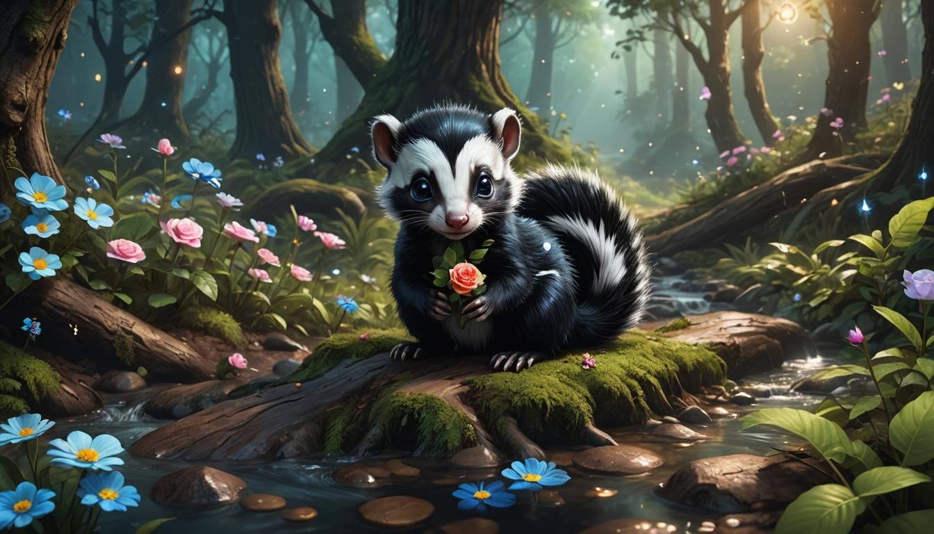 Baby skunk & rose in a forest setting - AI Generated Artwork ...