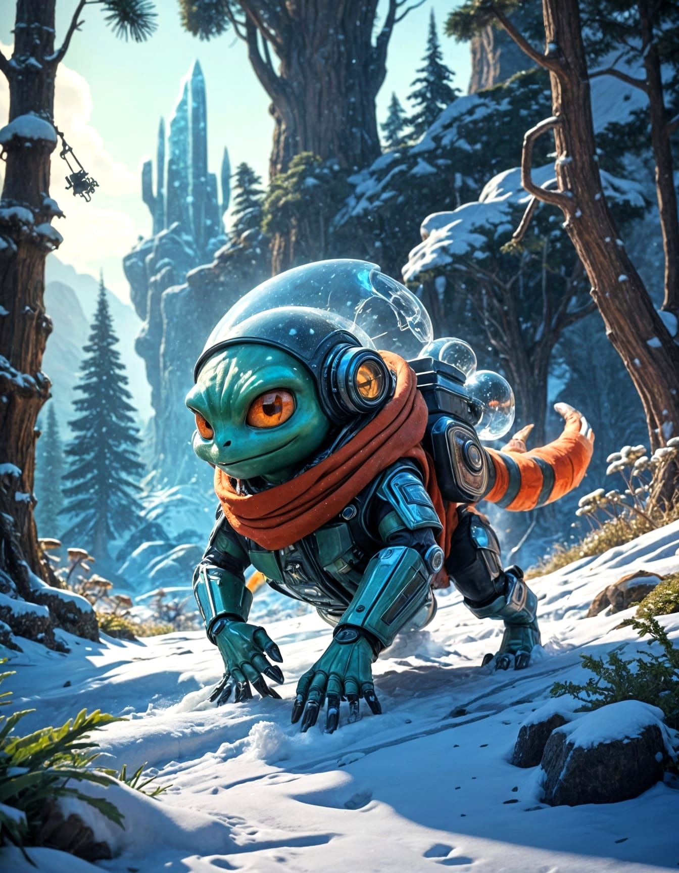 Snow Frolic - Alien in Holiday Cheer Sleds Down Snowy Hill