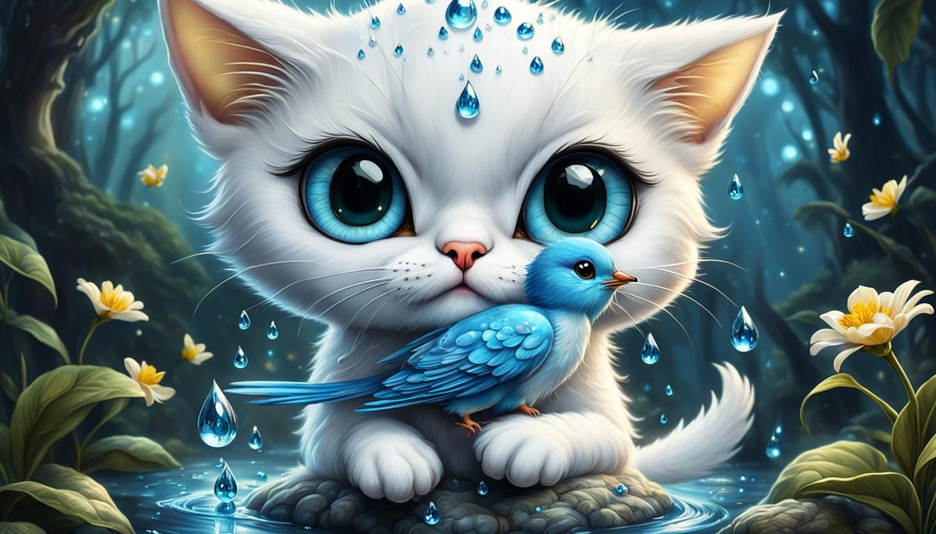 super cute white chibi cats big eyes smiling holding an baby blue ...