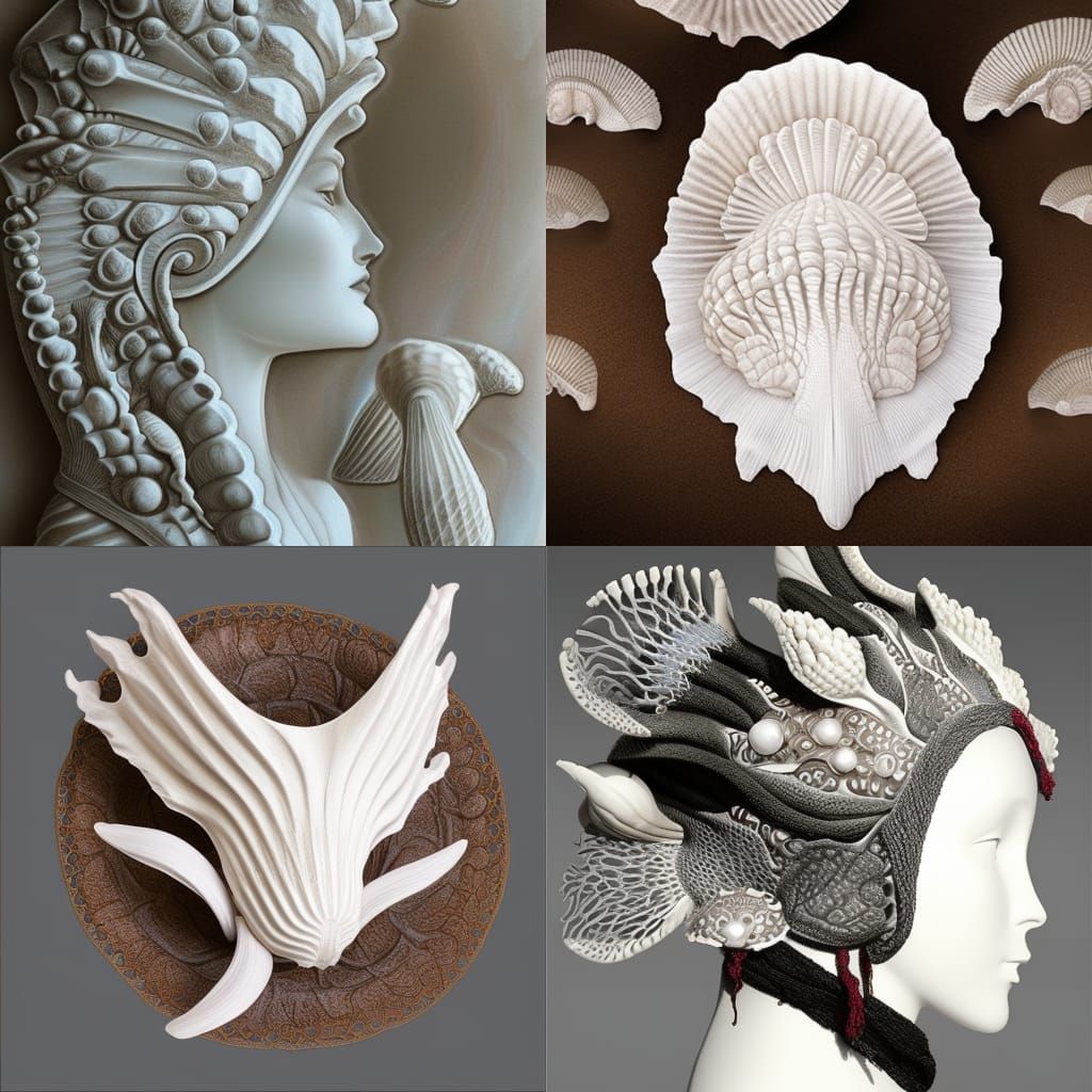 carved hollow bone white headpiece of sea shell motif, strong contrast ...