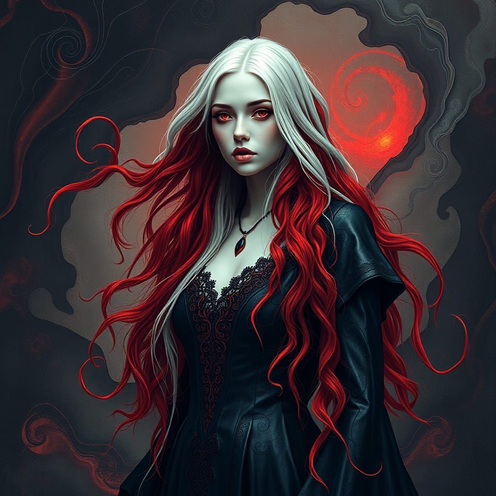 A statuesque, white-haired gothic woman, draped in a dark, lace-trimmed ...