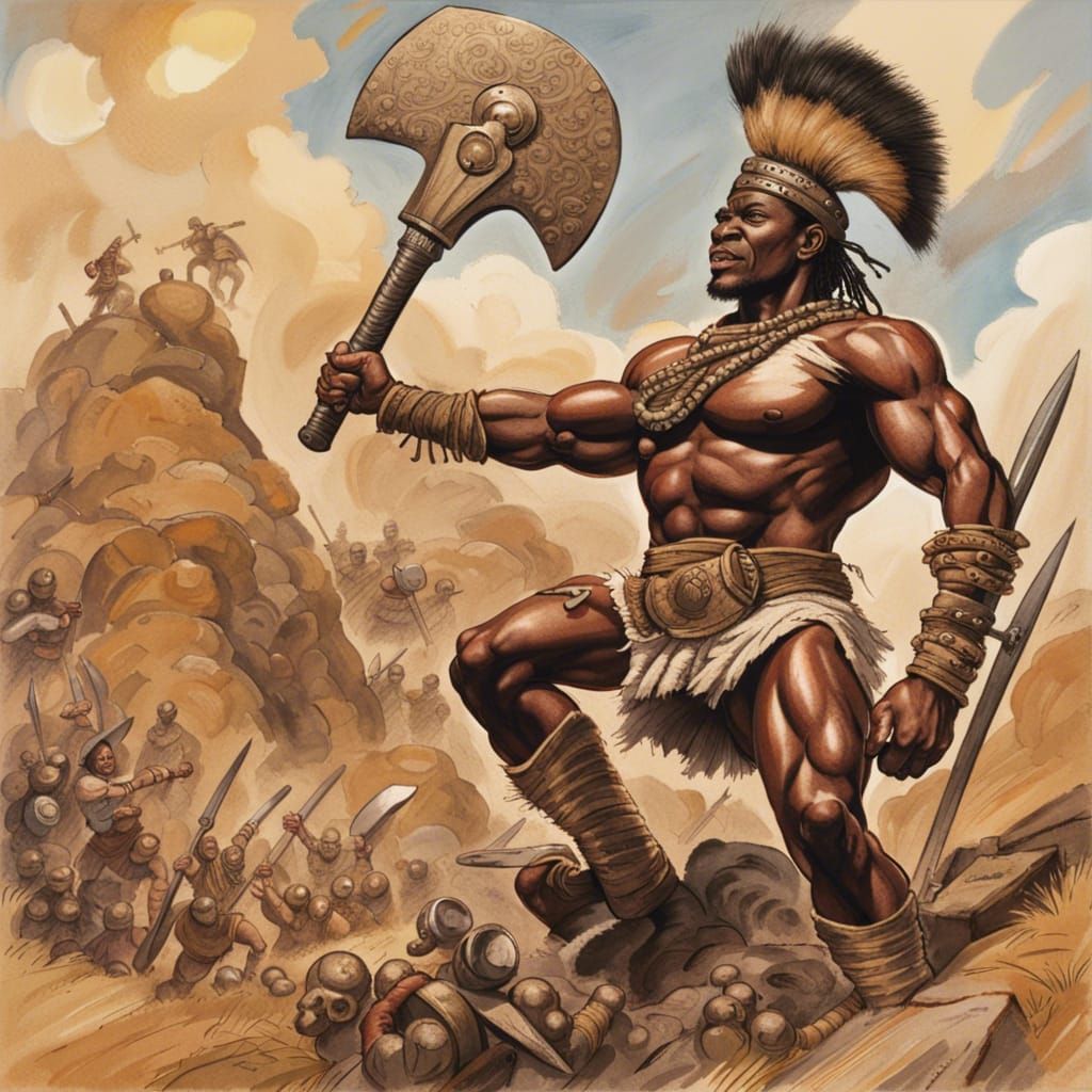 muscular shaka zulu warrior holding a battle axe and shield, on top of ...