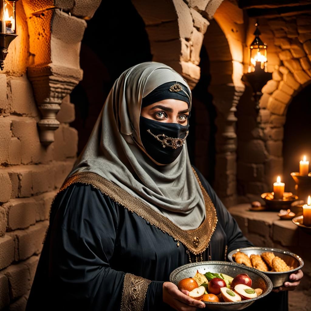 Fat woman wearing niqab sneaking into candelit basement of medieval ...