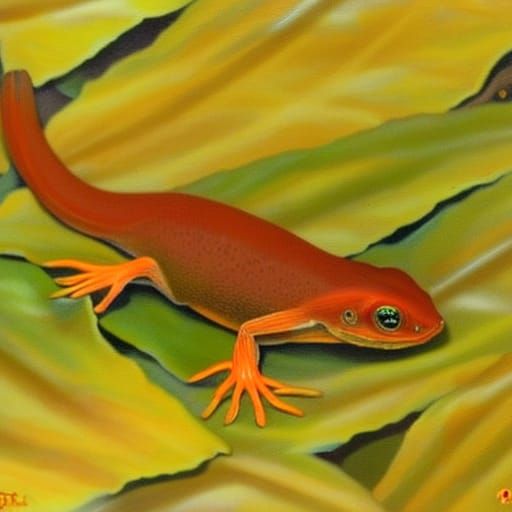 Red Eft (newt) on a Yellowing Leaf - AI Generated Artwork - NightCafe ...