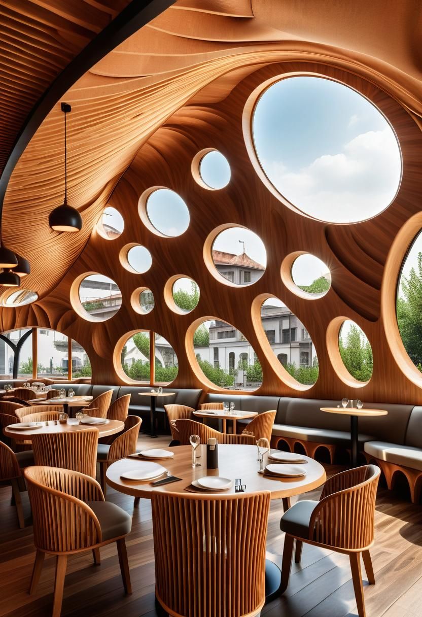 A wooden restaurant with round-shaped windows - AI Generated Artwork ...