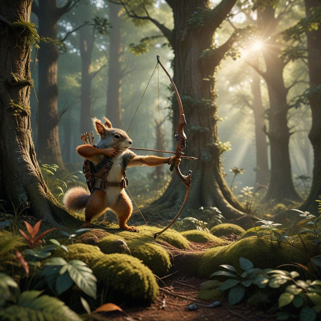 Squirrels and owls dressed like robin hood playing archery Epic cinematic brilliant stunning ...