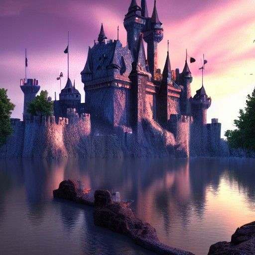 fantasy castle with lake in sunset by mark adamus, fantasy artwork ...