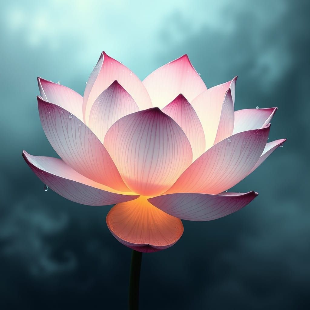 A luminous, ethereal lotus flower, with translucent, glowing petals in ...