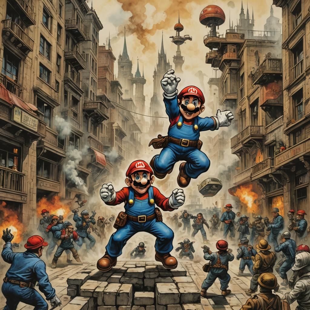Mario, Neo-victorian style ; action scene in futuristic city ...