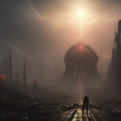 cyber civilization apocalyptic wasteland at night with a monster in the ...