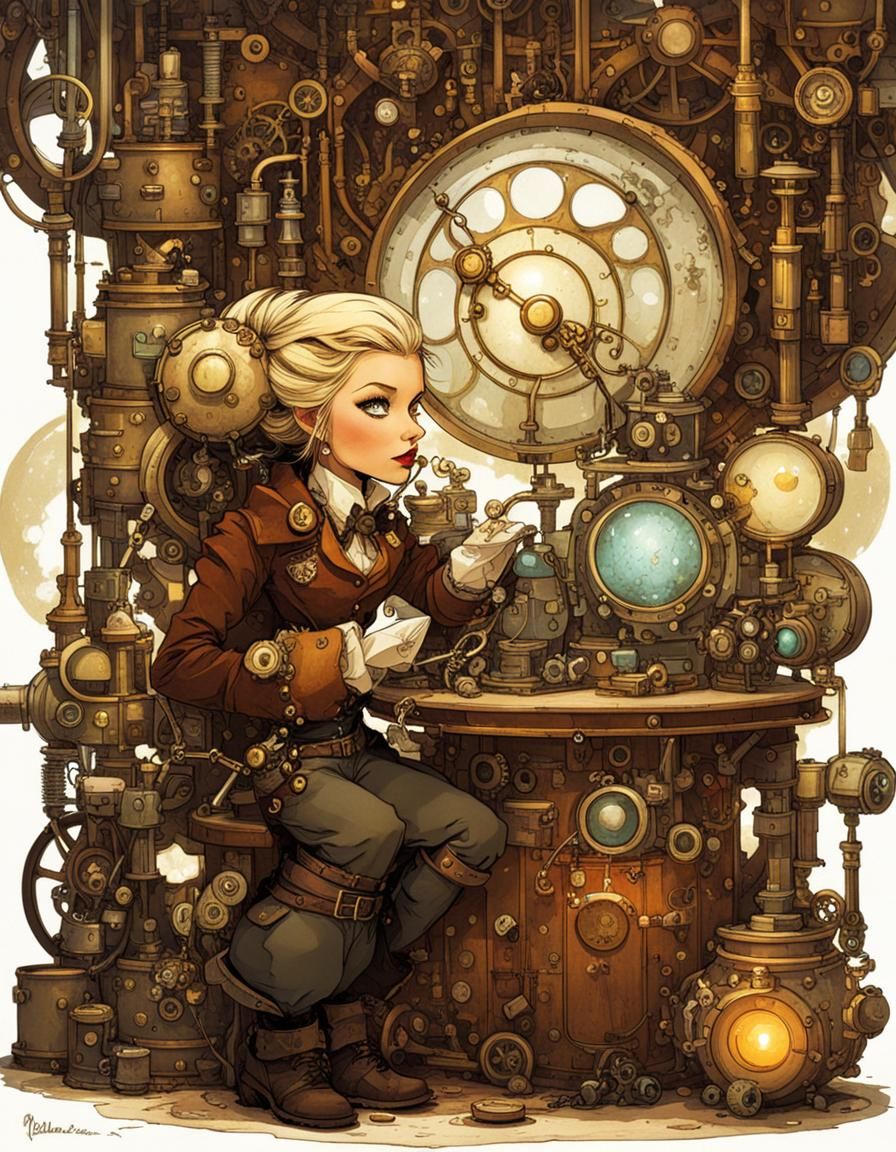 Steampunk inventor blonde enchanting Brian Kesinger, hyperdetailed - AI ...