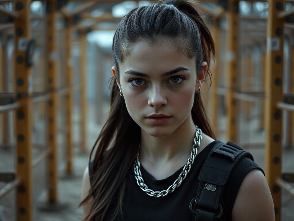 Young stocky female with long dark brown hair tied back, dark hairy ...