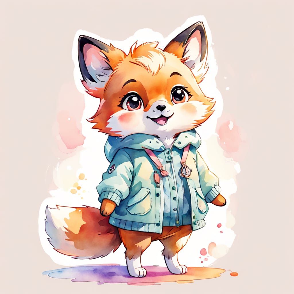 Cute Watercolor Cartoon Fox Cub in Whimsical Outfi... - AI Art