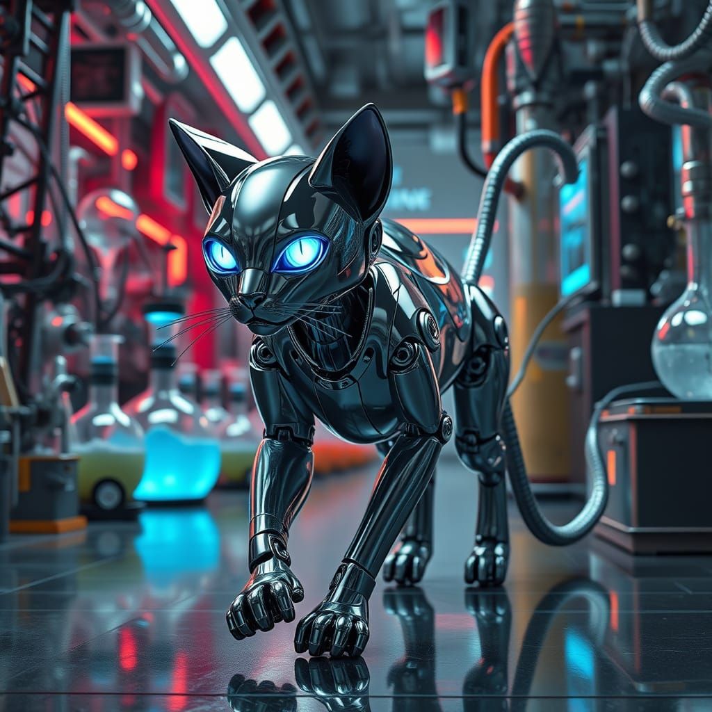 Cybernetic Feline Android Roams Futuristic Laborat... - AI Art