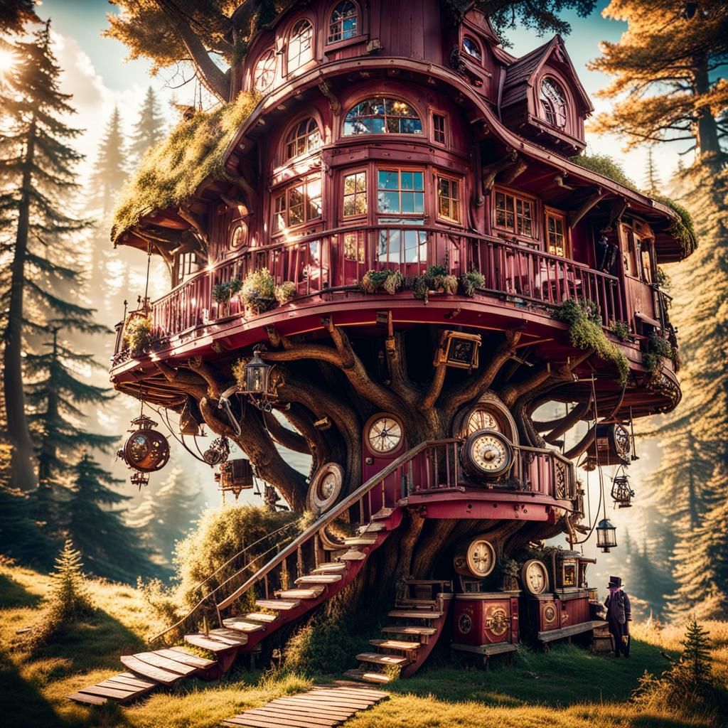 A captivating burgundy steampunk treehouse in the enchanting forest. - AI Generated Artwork ...