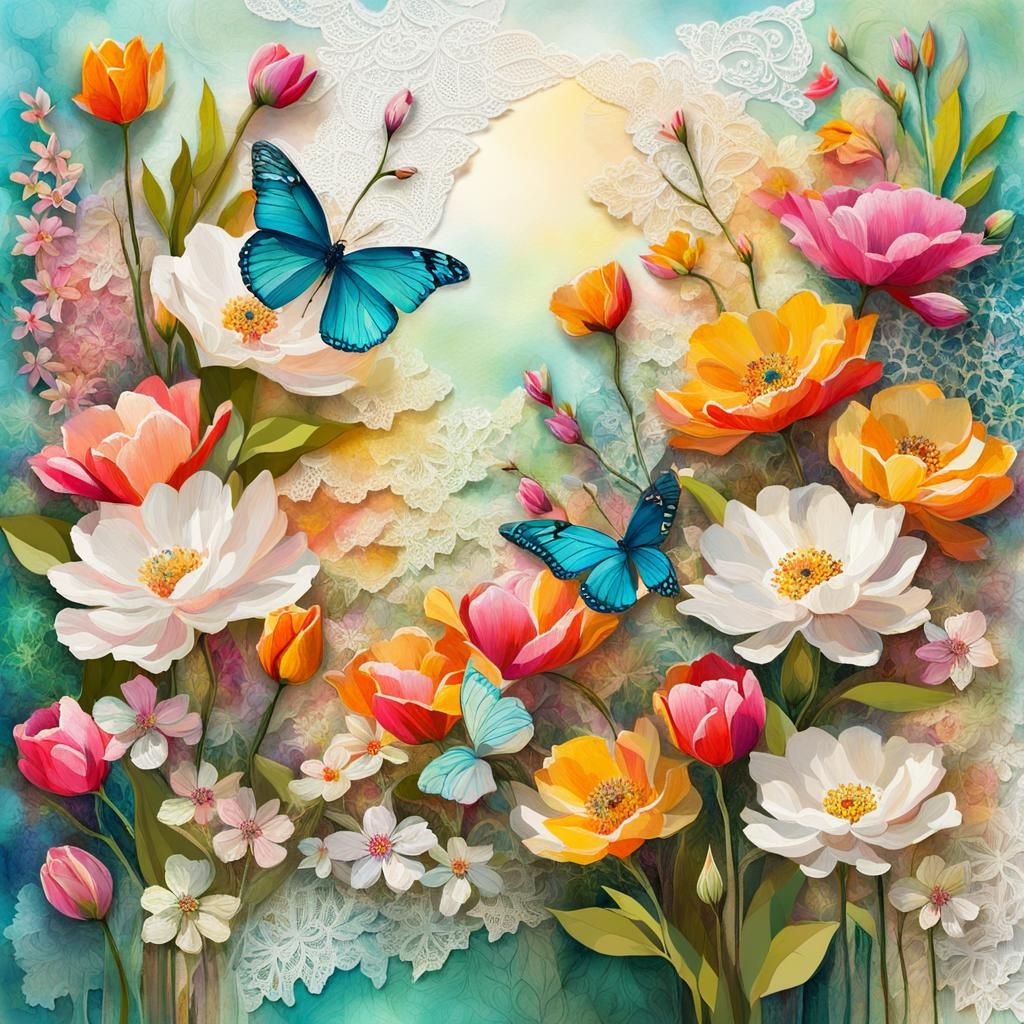 Spring-themed collage, intricate mix of various media, vibrant blooms ...