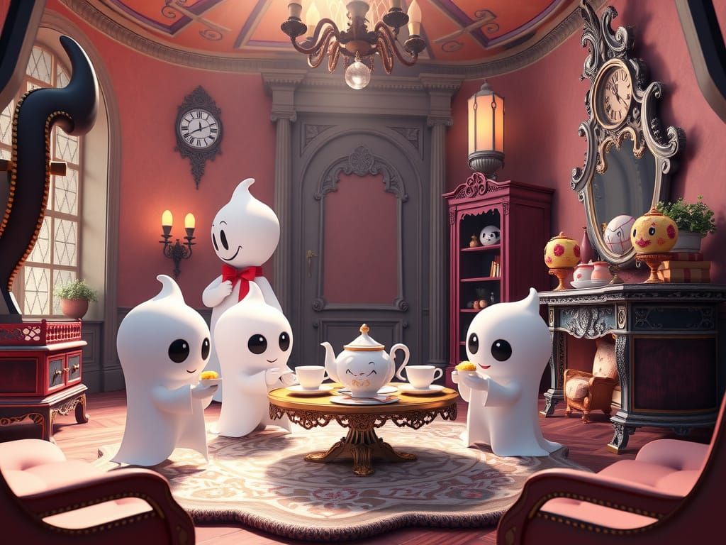 HIGLY DETAILED CHIBI STYLE BABY GHOSTS HAVING A TEA PARTY IN A CUTE ...