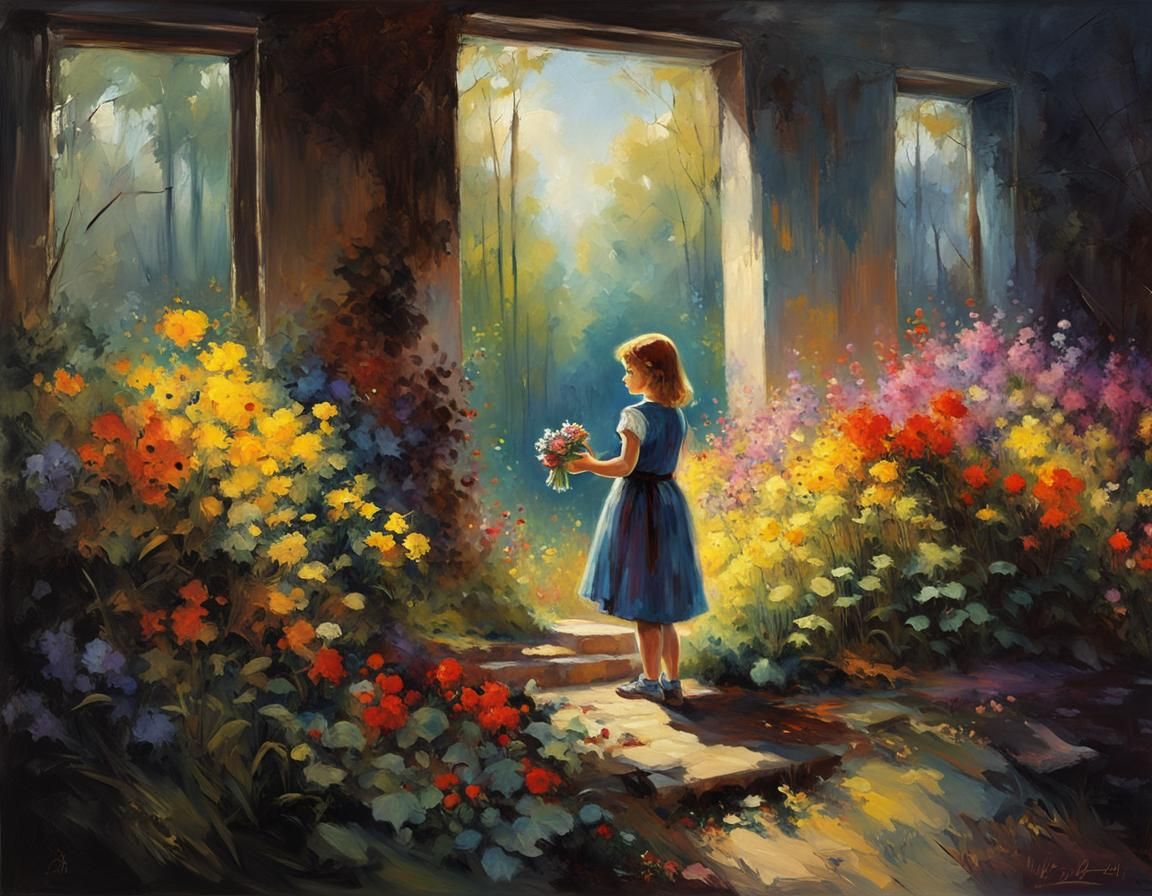 A girl picking flowers in a forest, colorful, in the style of Pino ...