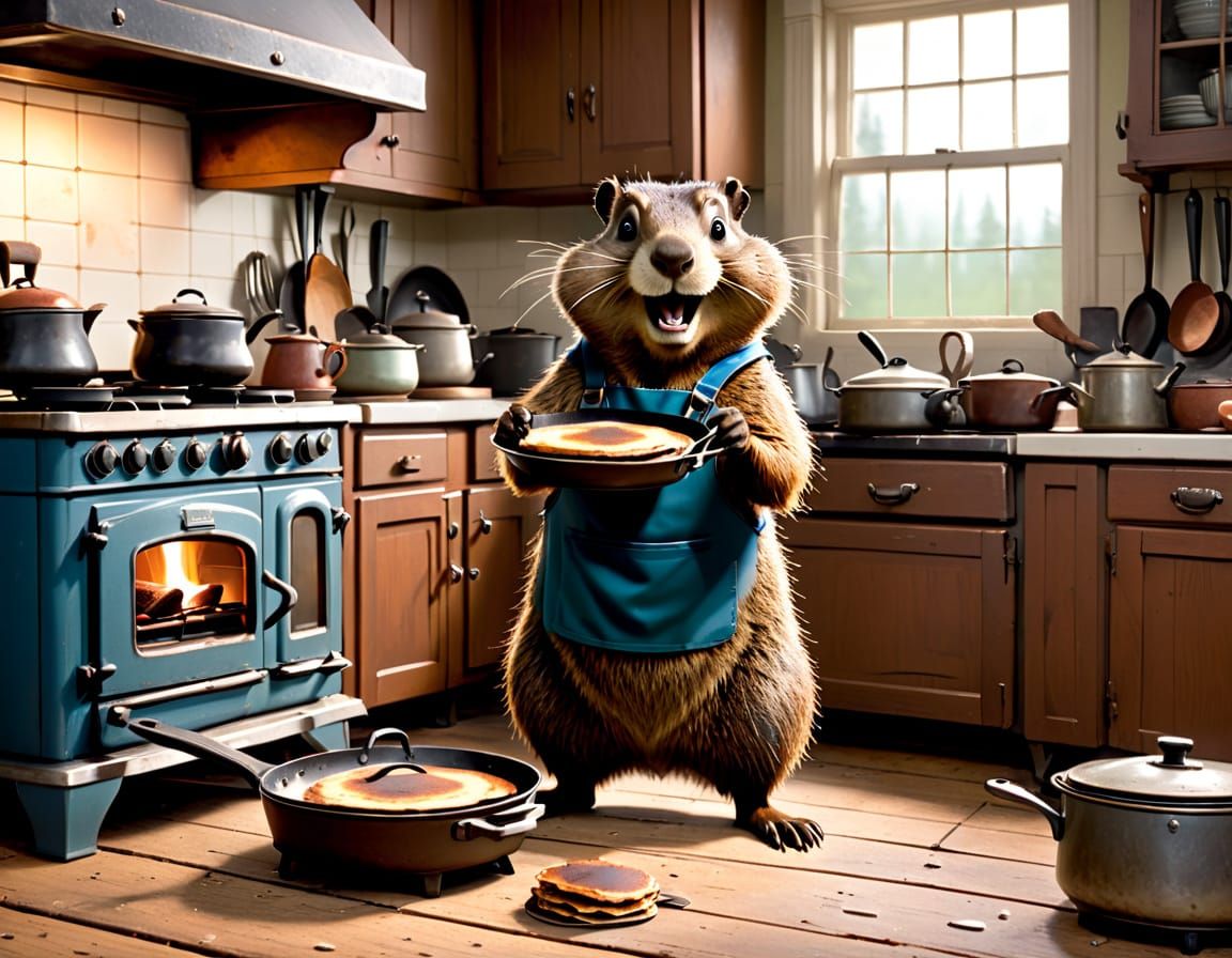 Grumpy Groundhog's Kitchen Chaos in Whimsical Pixa... - AI Art