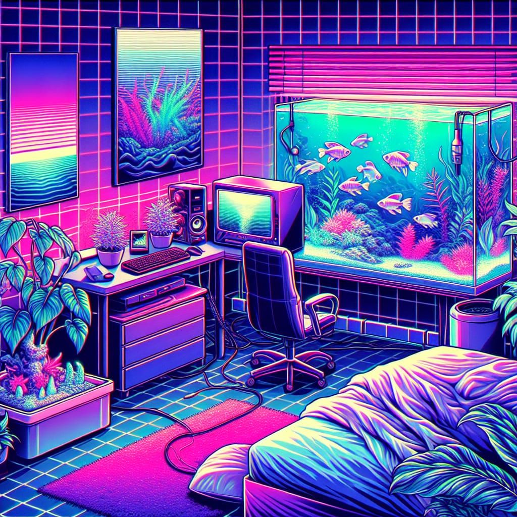 glowing vaporwave basement suite interior design - AI Generated Artwork ...