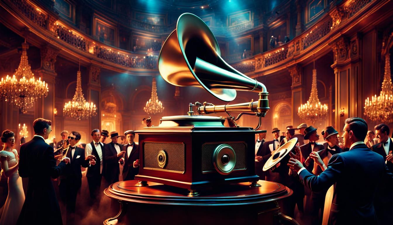 An intricate design vintage phonograph, playing music in a modern ...