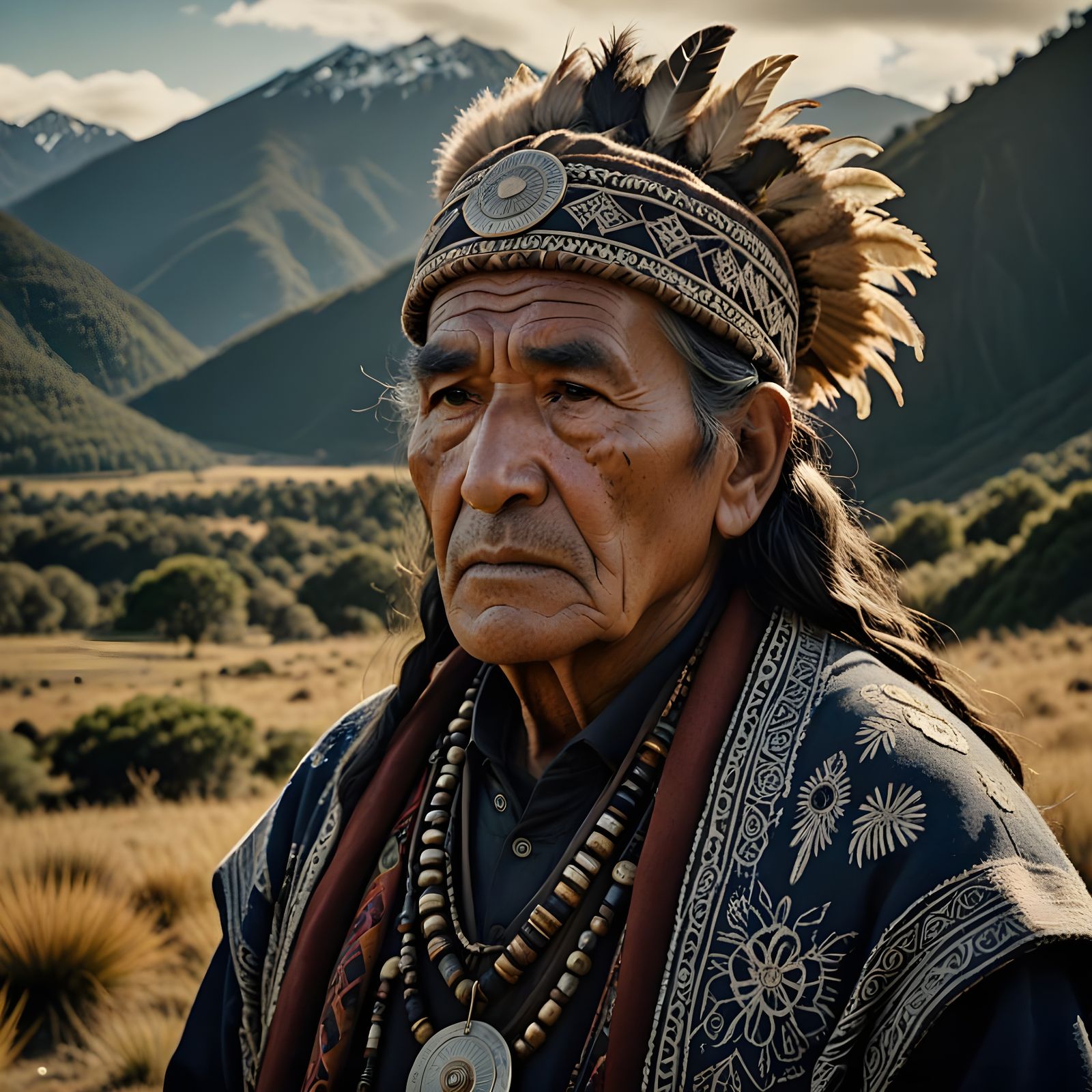 Mapuche - Elderly Mapuche Man in Traditional Patagonian Land...