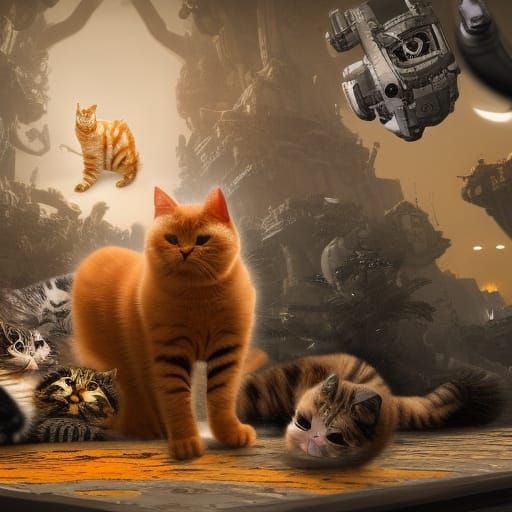 Robot that resembles a cat, surrounded by real cats - AI Generated ...