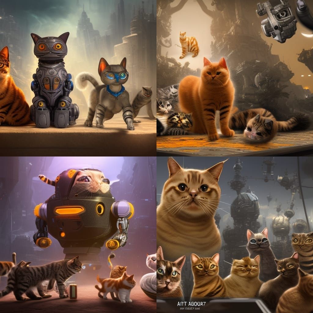 Robot that resembles a cat, surrounded by real cats - AI Generated ...