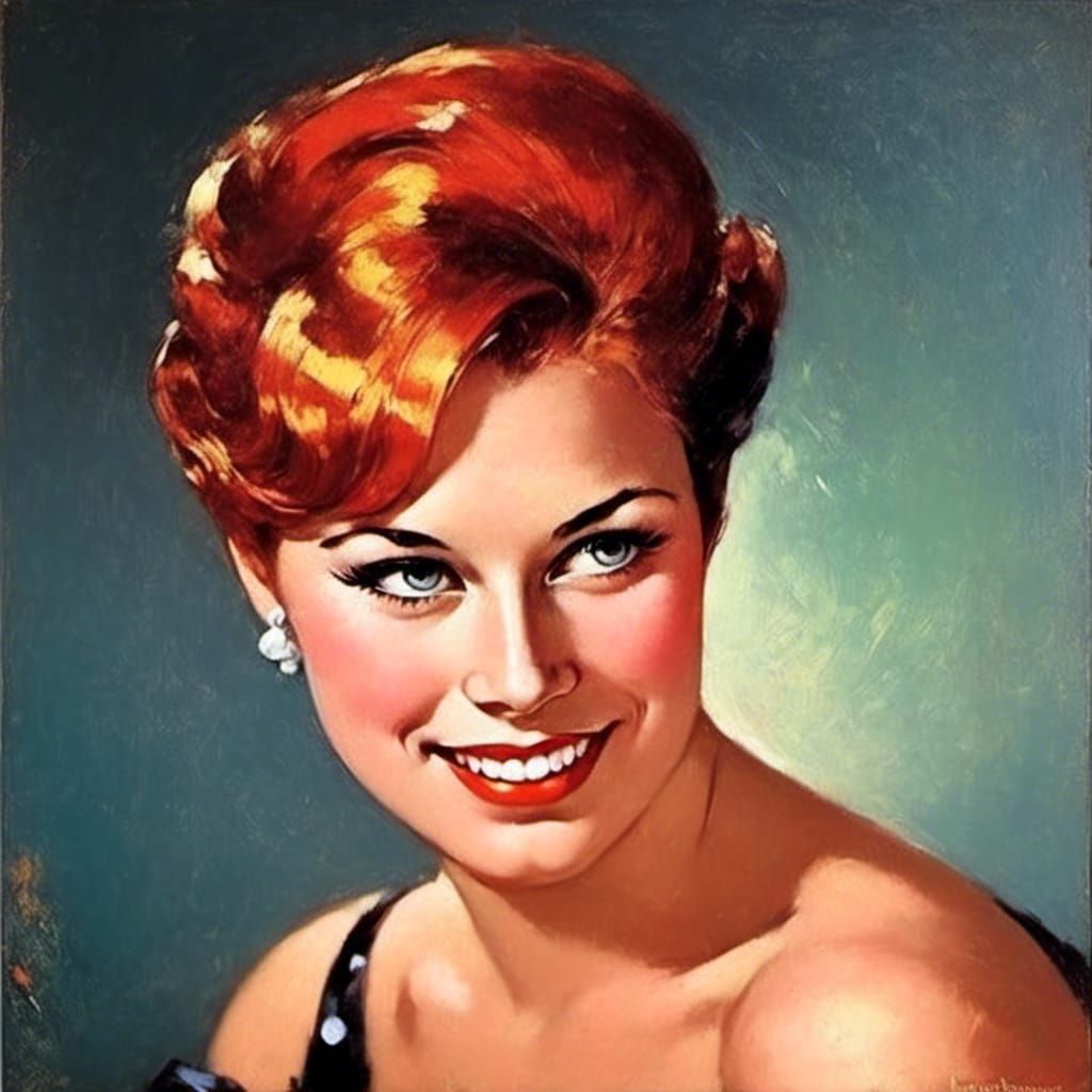 pretty redhead as 1940 glamor girl, dark red hair, studio portrait painted by Konstantin Razumov ...
