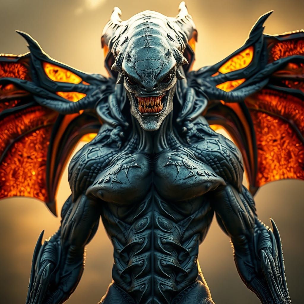 A formidable, muscular creature with scaly, grey skin and a menacing ...