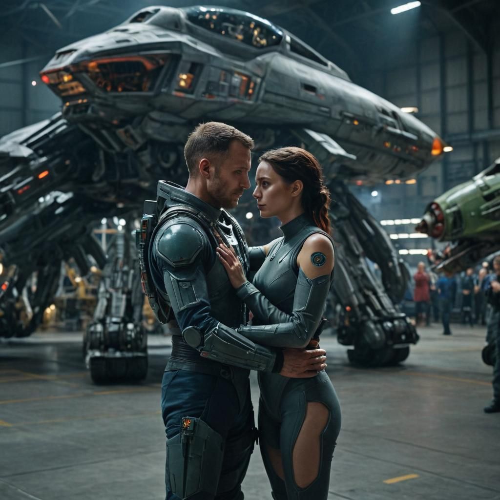 Hyperrealist Alien Embrace in Military Hangar - AI Art