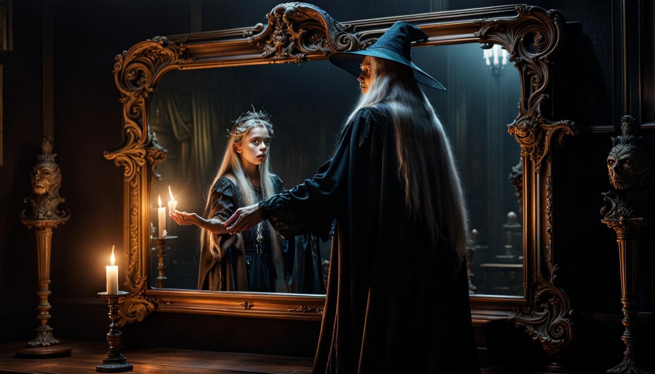 An old ugly witch is stand in front and touch the mirror, the mirror ...