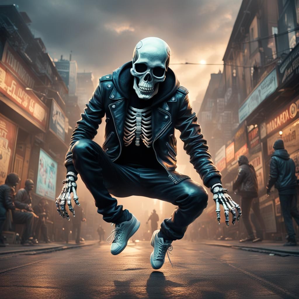 skeleton break dancing in a leather jacket - AI Generated Artwork ...